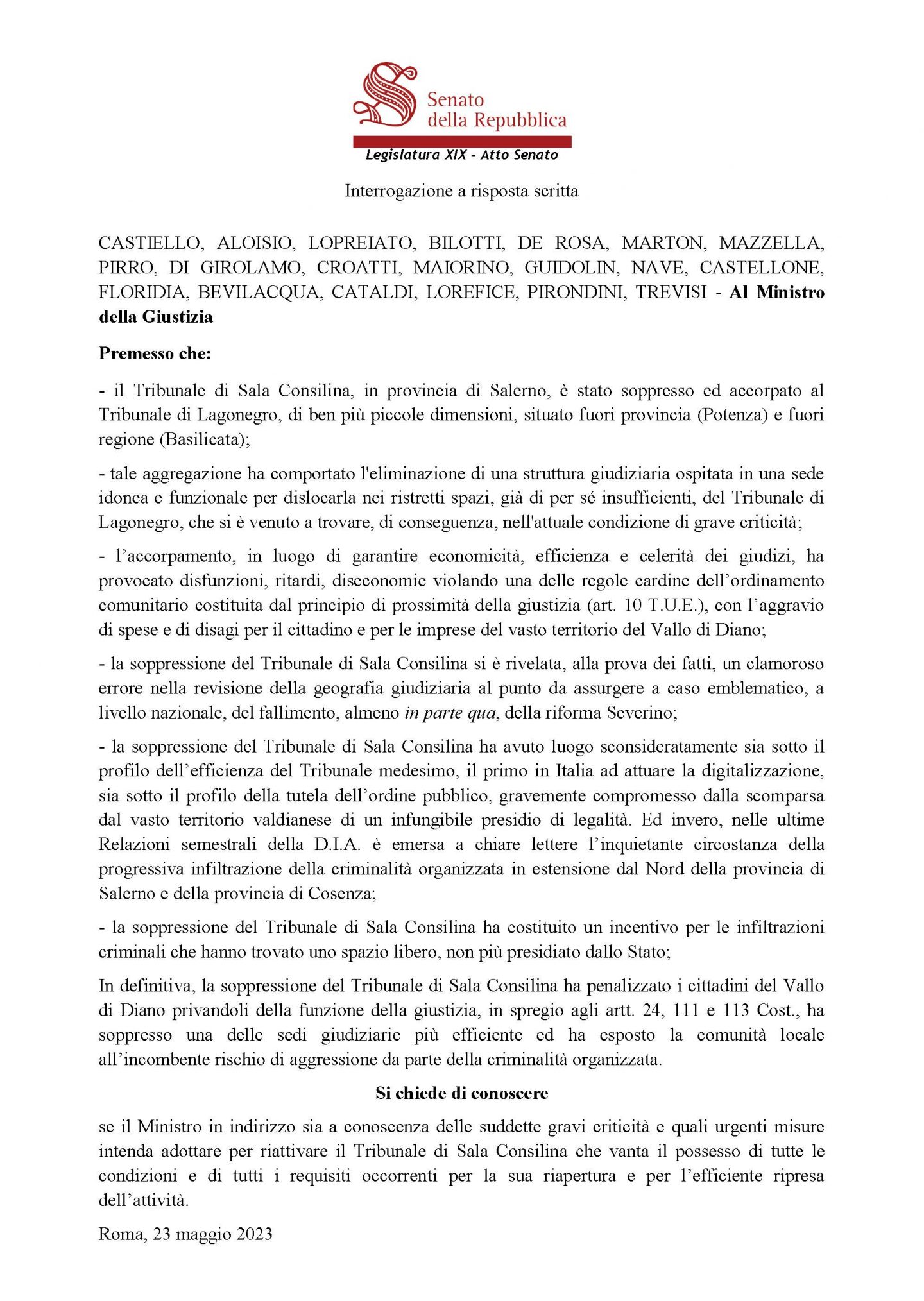 Tribunale di Sala Consilina sempre più "caso nazionale": interrogazione ...